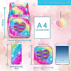 gxtvo 3PCS Girls Backpack, 16" Unicorn Rainbow Sequin Preschool Elementary Bookbag and Lunch Box