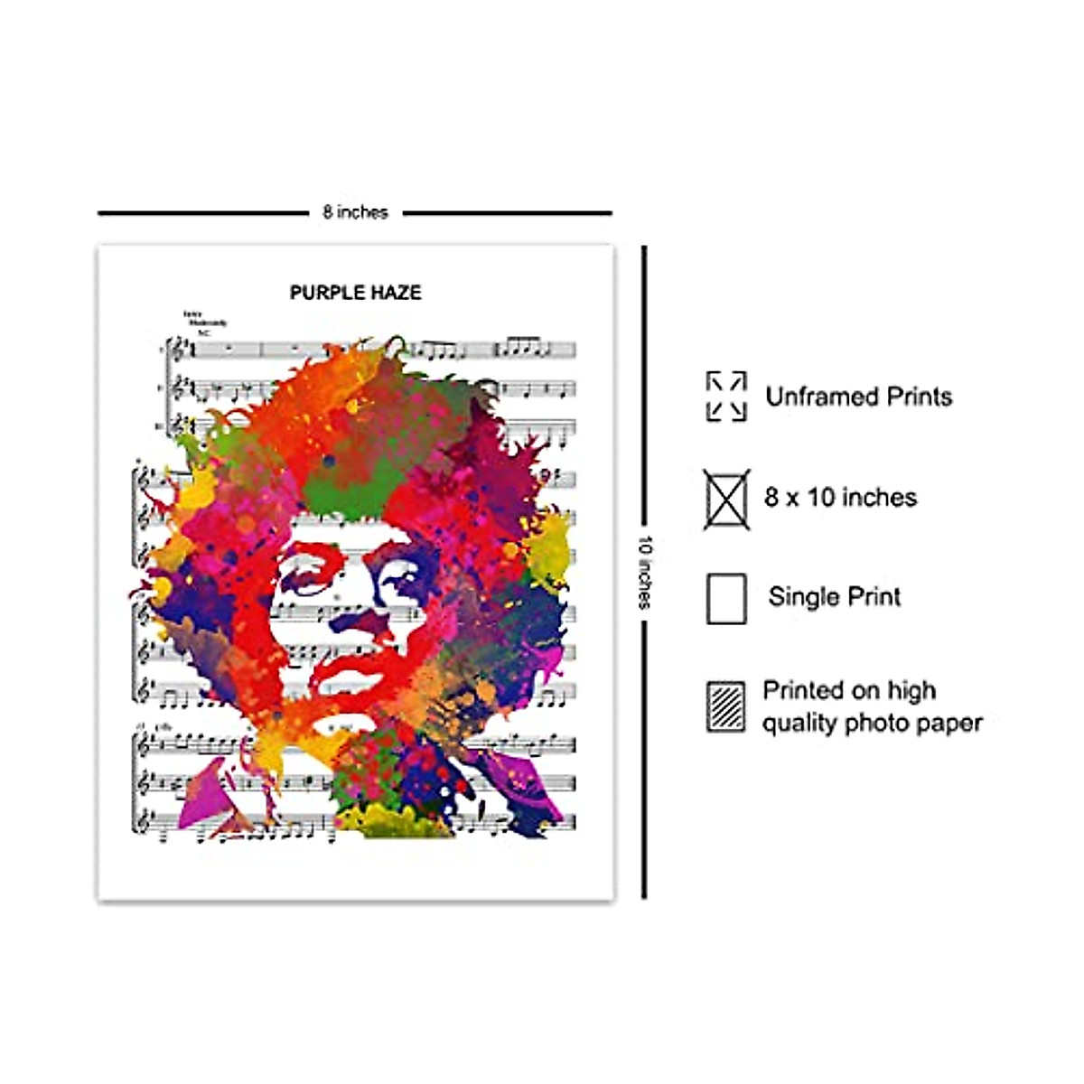 Jimi Hendrix 8x10 Poster, Wall Art, Home Decoration - Graffiti Pop Art Decor for Apartment, Music Studio - Urban Street Art Style Purple Haze Sheet Music Picture Print - Gift for Guitarist, Musician