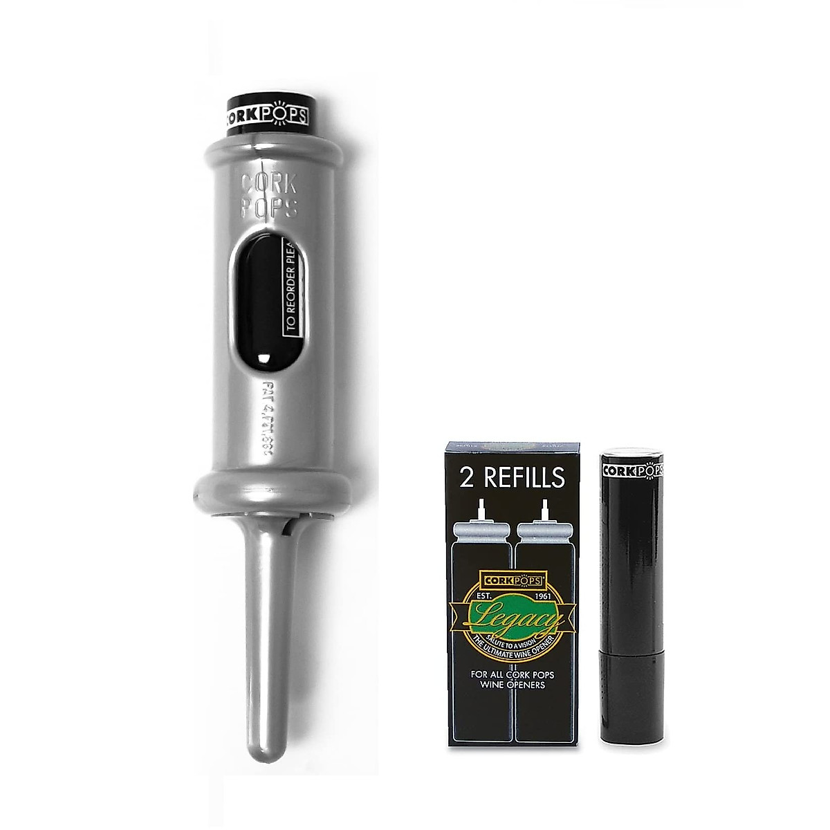 Cork Pops Original Wine Bottle Opener, With 3 13238 Refill Cartridges, Premium Silver