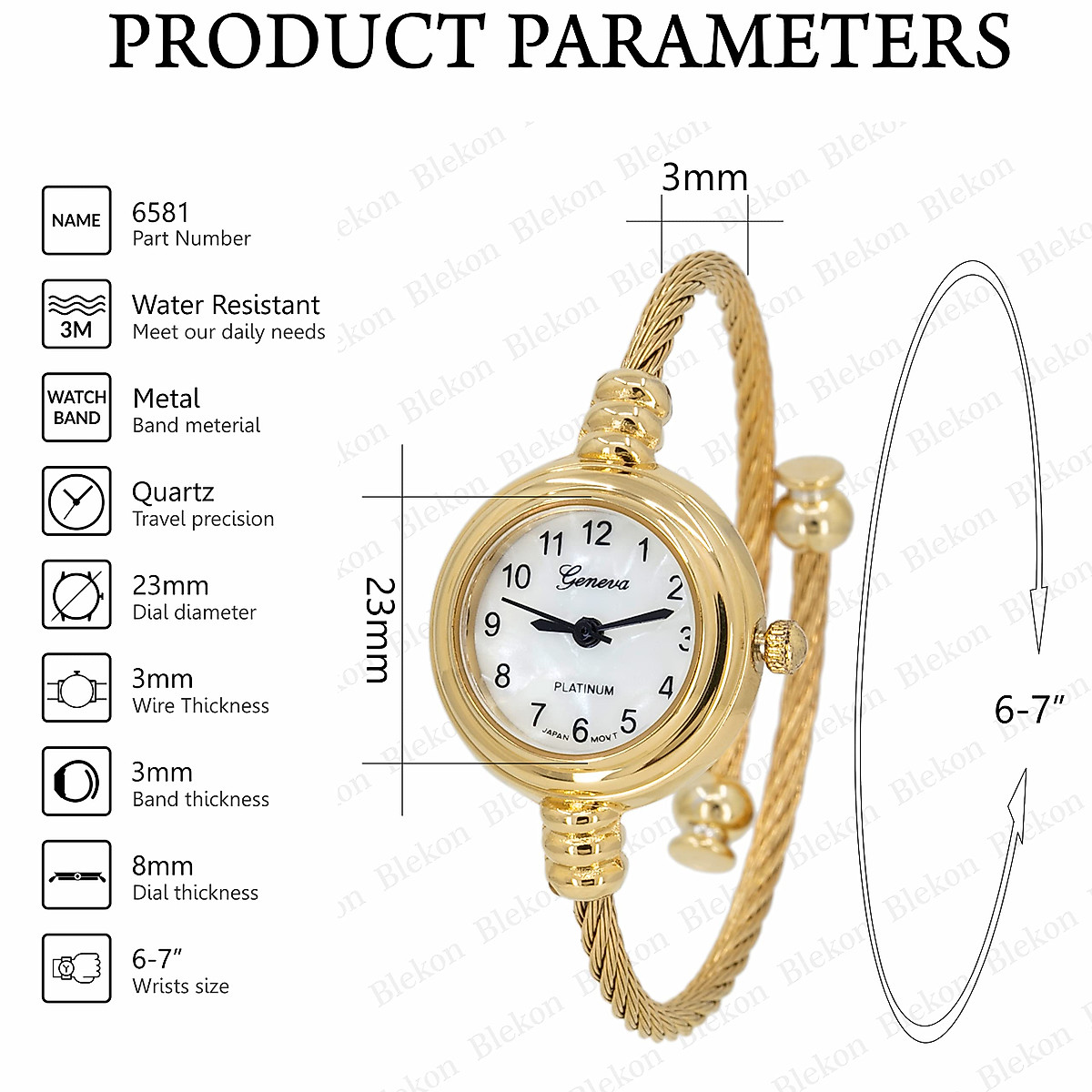 Blekon Original Elegant 23mm Round Analog Display Watch for Women with Arabic Numerals and Cable Cuff Bangle