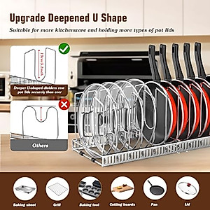 Housolution Pot Lid Organizer, Stainless Steel Expandable Pot and Pan Organizer with 14 Adjustable Dividers, Pan Storage Rack Lid Holder for Cabinet, Silver