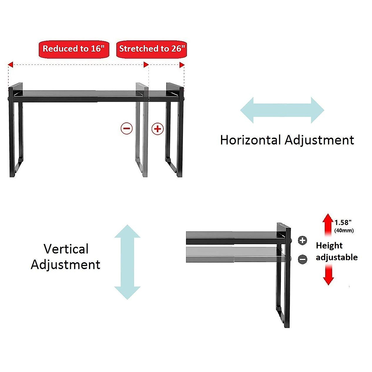 Urhomey plus Expandable Cabinet Shelf 16~26"(L), Stackable Kitchen Counter Shelf Organizer, 22LBS Heavy Duty Shelf Riser, Countertop Storage Pantry Shelf, Durable Metal Sink Shelf (Black)
