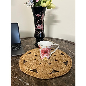 Flower Jute Placemats Set | 100% Natural and Eco-Friendly | Soft & Durable | Round 13" x 13" | Dining Room Table Mat in Natural Jute Color | No Artificial Color (6)