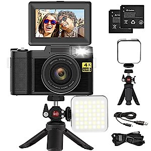 Digital Camera 4K 48MP Autofocus Full HD Vlogging Camera for YouTube Flip Screen Compact Camera for Beginners Vloggers Photography with Rechargeable Batteries Accessories Kit