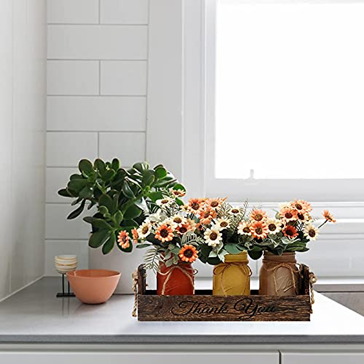 DUOER Mason Jar Centerpiece for Table Decorative Wood Tray with 3 Painted Jars Rustic Farmhouse Decor Centerpiece for Home Kitchen Dinning Living Room Decor,Brown