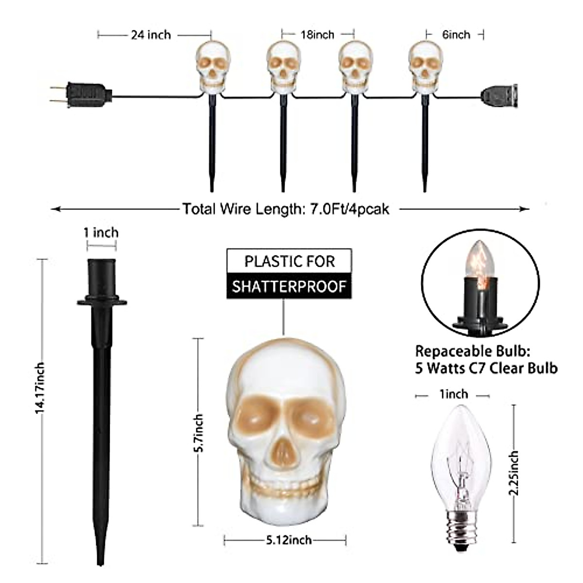 C7 Halloween Skull Pathway Stake Lights, 7 Ft Halloween Pathway String Lights with 4 C7 Bulbs, Stake, Halloween Decorations Driveway Markers Lights for Outdoor Holiday Garden Walkway Party Lighting