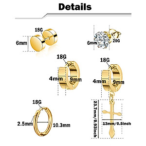 Ofeiyaa 15 Pairs Stainless Steel Dangle Hinged Earrings Hoop Huggie Earrings CZ Stud Earrings Set for Men Women Ear Piercing Jewelry Silver Black Gold Tone