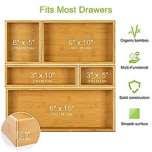 Secura Kitchen Drawer Utensil Organizer Box Set 5 Pack, Bamboo Utensil Holder Cutlery Makeup Silverware Jewelry Flatware Organization Tray for Kitchen, Bathroom, Office and Living Room
