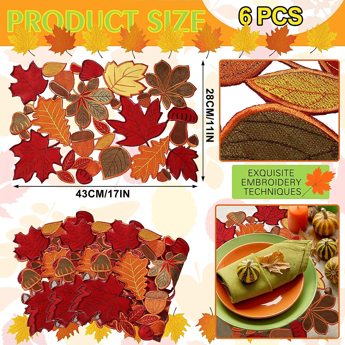 6 Pcs Embroidered Maple Leaves Placemats Thanksgiving Table Placemats Leaf Placemats for Home Kitchen Dinning Thanksgiving, Fall or Autumn Harvest Decorations (Maple Style, 11 x 17 Inch)