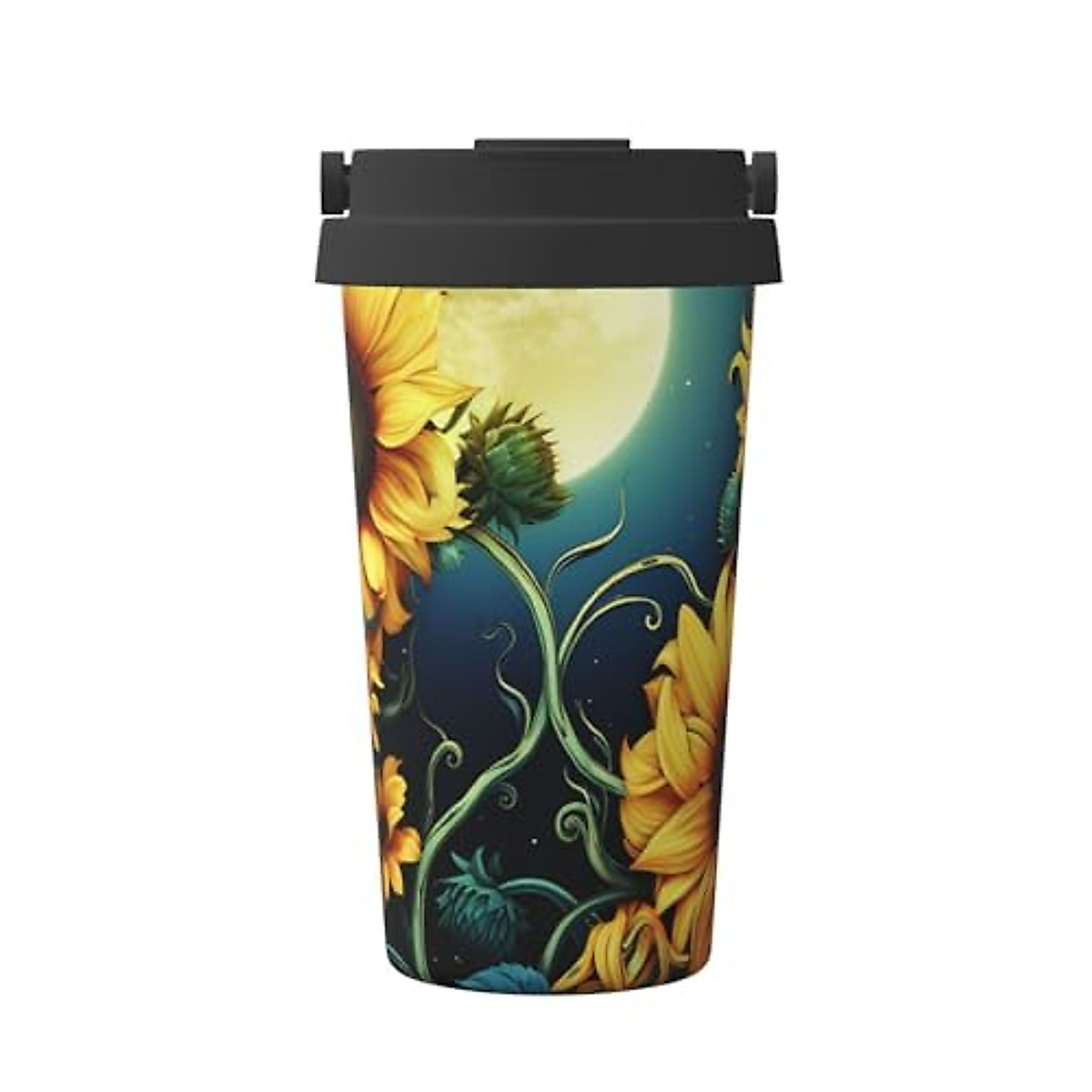GTKSYNVE Reusable Coffee Mug with Lid and Handle, Moonlight Sunflower Pattern Tumbler for Hot & Cold Drinks 16oz Stainless Steel Insulated Coffee Tumblers Double Wall Vacuum Thermal Cup