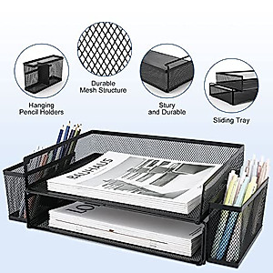 ProAid Paper Letter Tray Organizer with 2 Pen Holders, 2 Tier Stackable Desktop File Organizer, Mesh Office Supplies Desk Organizer, Black
