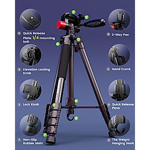 CAMBOFOTO 74"-Camera-Tripod, Porfessional Aluminum Heavy Duty Tripod Stand for Mirrorless Camera/DSLR/Cell Phone/Camcorder, with Holder and Travel Bag