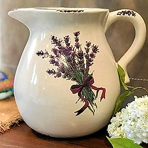 French Country Lavender Pitcher, Cottage Edition, Distressed Vintage Style, Rustic White, Worn Exposed Patches, 7 Inches Tall, Stoneware