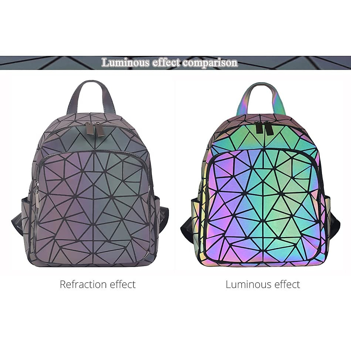 Geometric Luminous Ladies Backpack Wallet Holographic Reflective Backpack Diamond Travel Backpack (Silver)