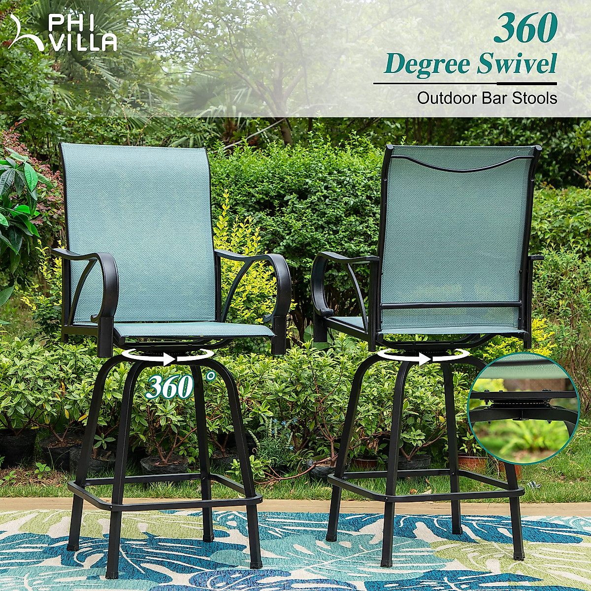 PHI VILLA Patio Outdoor Bar Stool Swivel Chairs, Outdoor Bar Height Patio Chairs with Back, All-Weather Textilene Fabric Bar Furniture for Garden, Waterproof and Quick-Drying, Set of 6