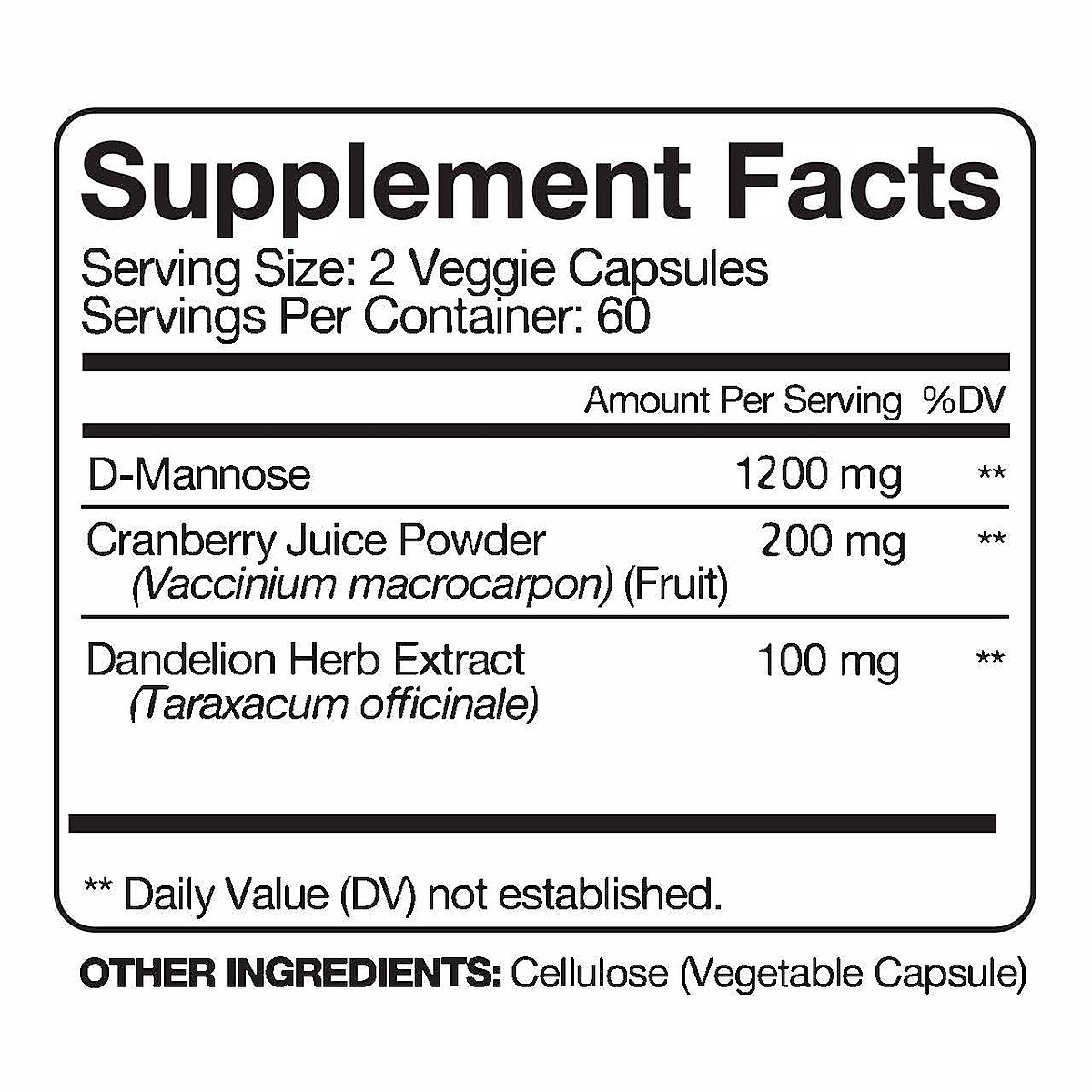 NutriPeeps D-Mannose 1500mg, 120 Capsules with Dandelion Herb and Cranberry Extracts, Natural Urinary Tract Cleanse for UTI Support, Flushing and Detoxing of Impurities, for Men and Women.