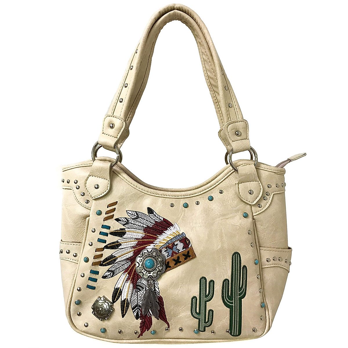 Justin West Native American Chieftain Cactus Feathers Embroidered Studded CCW Concealed Carry Shoulder Purse Handbag Wallet (Beige)
