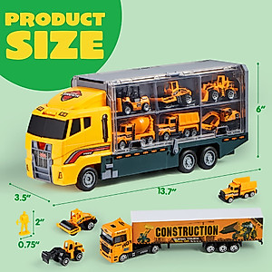 JOYIN 19 in 1 Die-cast Construction Toy Truck with Little Figures, Mini Construction Vehicles in Big Carrier Truck, Patrol Rescue Helicopter for Boys 3-9 Years Old, Kids Value Birthday Easter Gifts
