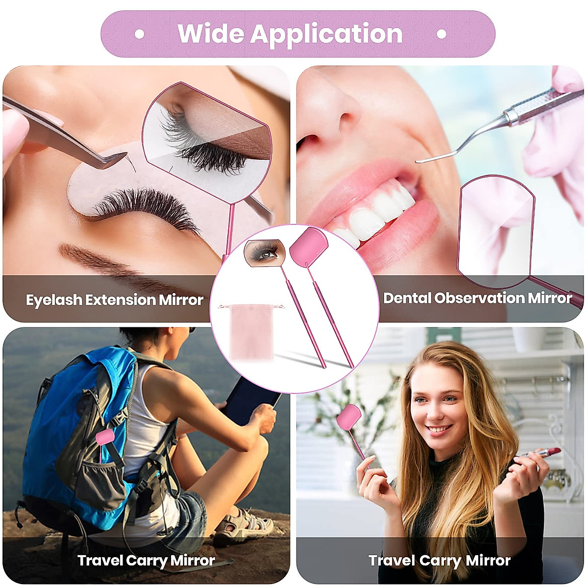1 PCS Large Lash Mirror for Eyelash Extension Supplies+1 PCS Storage Bag,Stainless Steel Light-weight Detachable Eyelash Mirror for Extensions,Makeup Inspection Mirror for Lash Tech Supplies(Pink)