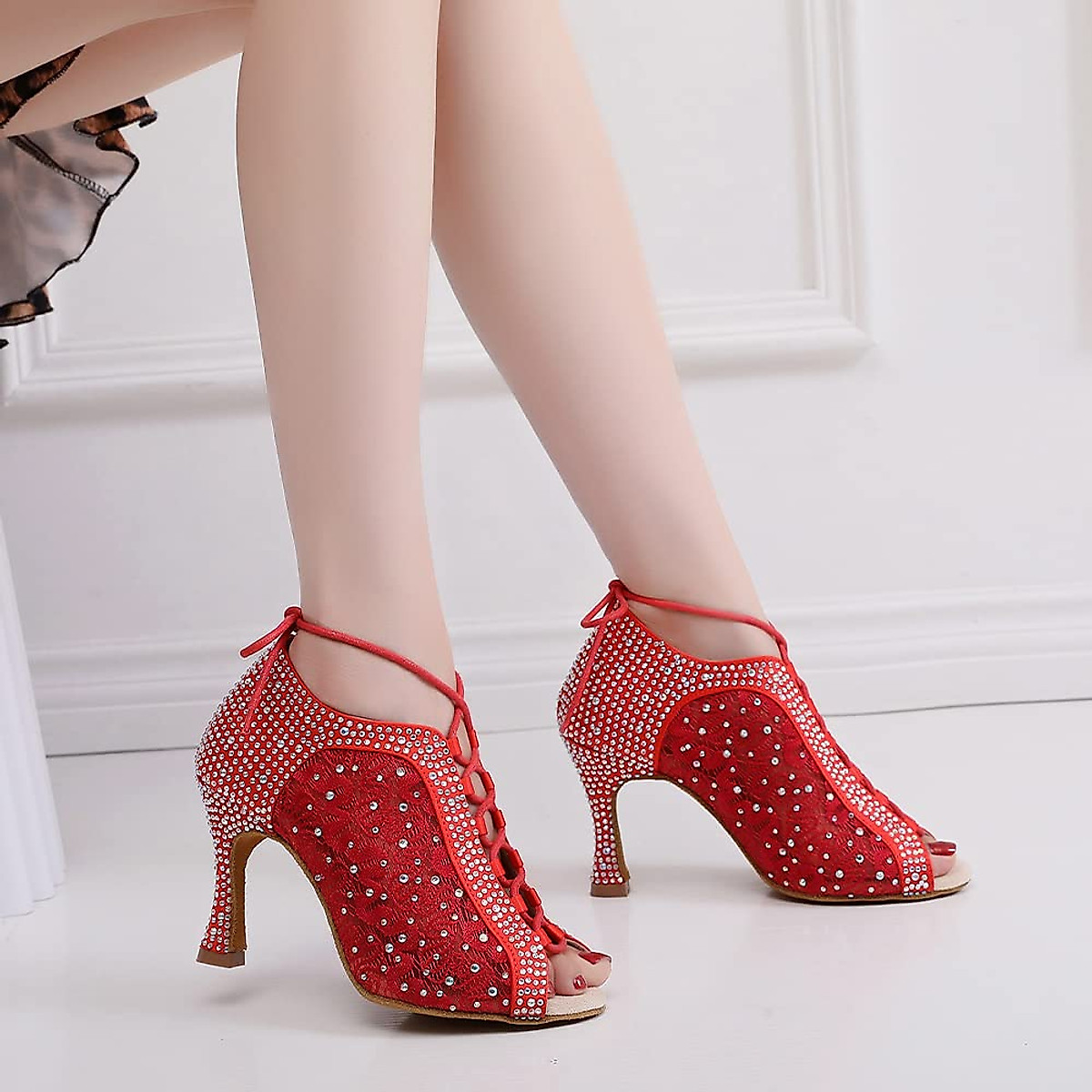 SWDZM Women's Latin Dance Shoes Open Toe Lace-up Mesh Ballrooom Tango Salsa Performence Ankle Dance Boots,Heel-3",9001,Red,6 US