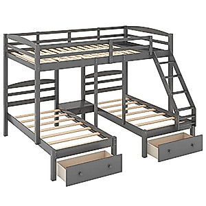 KoiHome Full Over Twin & Twin Bunk Bed with Full-Length Guardrail,Triple Bunk Bed with Built-in Drawers and Solid Slat Support for Teens Bedroom,Space-Saving Design, No Box Spring Needed, Grey