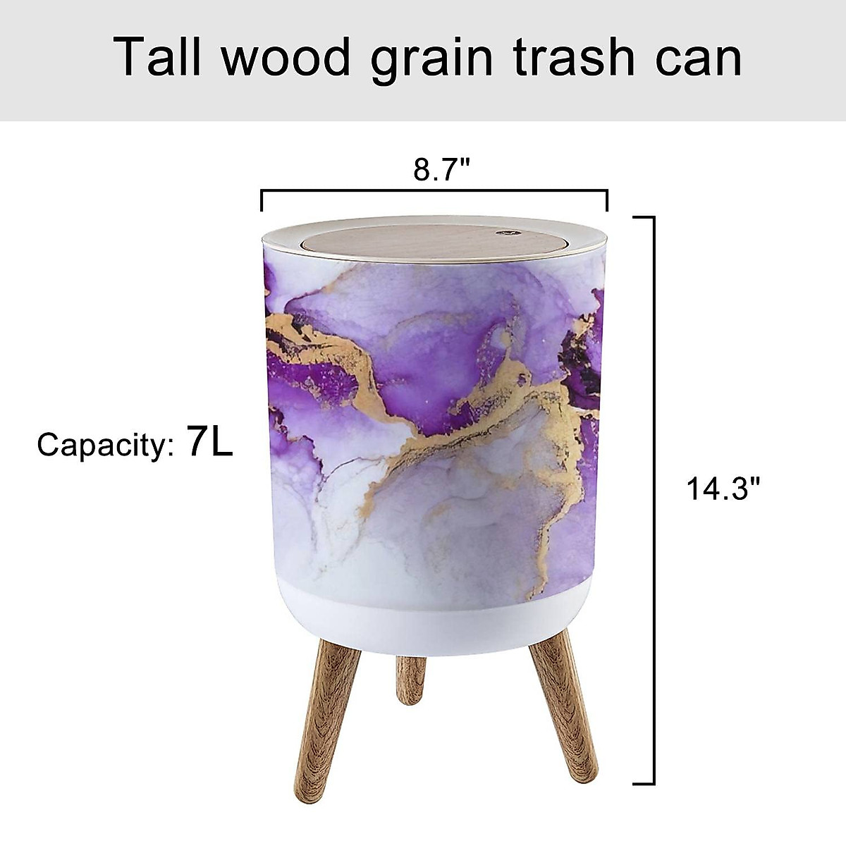 Small Trash Can with Lid Purple gold abstract of marble liquid ink art painting on paper Image Round Recycle Bin Press Top Dog Proof Wastebasket for Kitchen Bathroom Bedroom Office 7L/1.8 Gallon