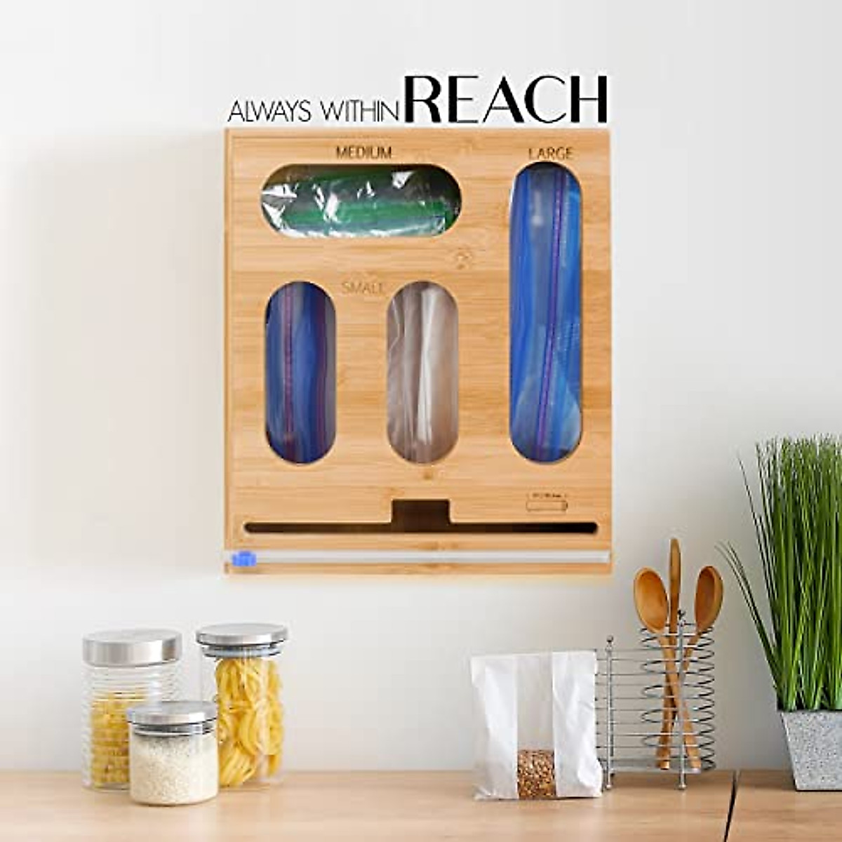 Night Tree Plastic bag storage organizer - Ziplock Sandwich bag organizer for kitchen plastic bag storage or Wall Mount - 5 in 1 Includes Plastic Wrap or Foil dispenser with Cutter