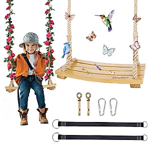 Premkid Wooden Swing, Swing Seat 18"x 8"x 1.4", Tree Swing for Adults and Kids, Indoor Swing with Rose Garland, Adjustable Hemp Rope Plus Tree Straps 100 inch, Swing Set for Indoor Outdoor