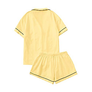 Floerns Women's Notch Collar Short Sleeve Sleepwear Two Piece Pajama Set Yellow Solid M