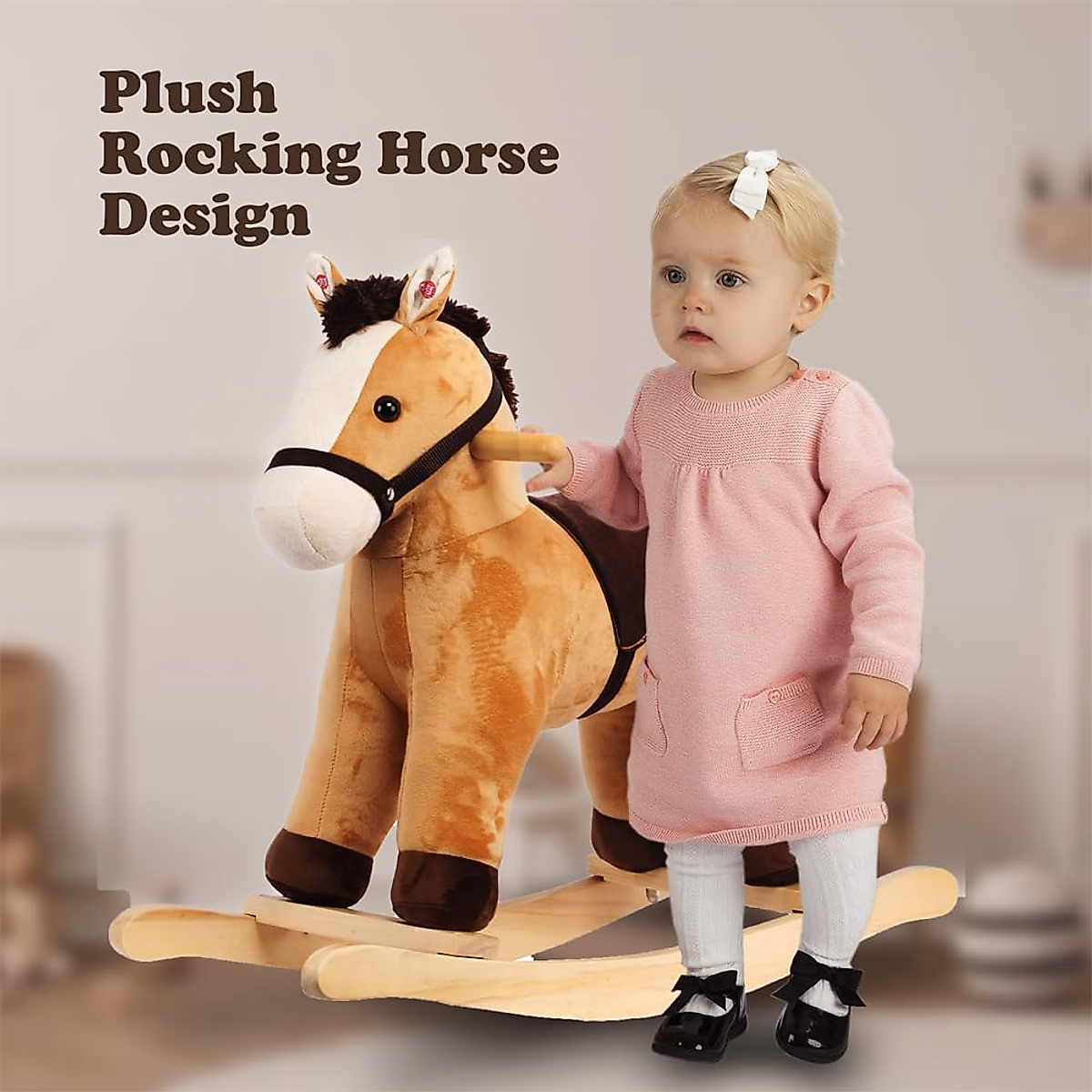 Rock My Baby Plush Rocking Horse, Soft Filling Ride on Pony, Rocking Animal with Realistic Sound, Stuffed Rocker for Kids 18 Months and up (Light Brown),CPC Certified