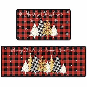 Bencailor 2 Pcs Christmas Kitchen Rugs and Mats Set of 2 Red Black Buffalo Plaid Merry Christmas Xmas Trees Floor Mat Non Slip Checkered Doormat Home Holiday Kitchen Decor, 17 x 30 Inch, 17 x 47 Inch