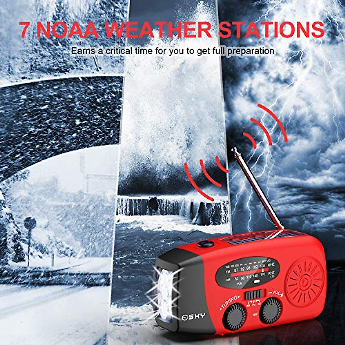 Emergency Hand Crank Radio with 3 LED Flashlight, Esky AM/FM/NOAA Portable Weather Radio with 2000mAh Power Bank Phone Charger, Solar Powered USB Charged Radio for Indoor Outdoor Camping, SOS Alarm