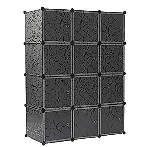 VINGLI Cube Storage, 12 Cube Organizer Shelves, Plastic Closet Cabinet, DIY Modular Storage Cube Organizer with Doors for Bedroom Living Room Office, Black