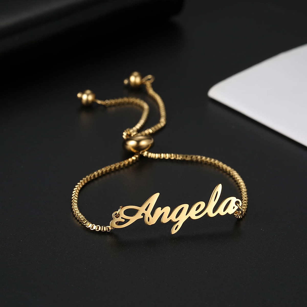 MRENITE 10k 14k 18k Solid Yellow Gold Personalized Name Bracelet – Dainty Name Plate Bracelet - Custom Any Name Gift for Women Adults Wife (Yellow Gold)