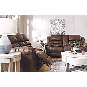 Signature Design by Ashley Stoneland Faux Leather Manual Double Reclining Loveseat with Center Console, Dark Brown