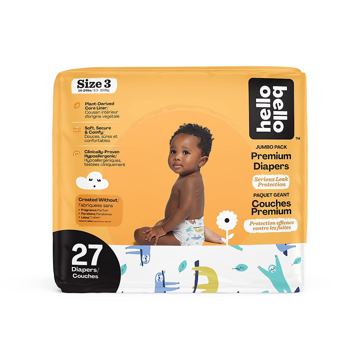Hello Bello Premium Baby Diapers Size 3 I 27 Count of Disposeable, Extra-Absorbent, Hypoallergenic, and Eco-Friendly Baby Diapers with Snug and Comfort Fit I Sleepy Sloths