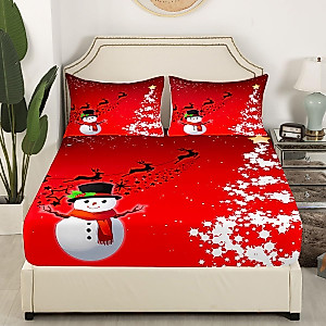Christmas Tree Bed Sheets Full Size for Girls & Boys - Merry Christmas Fitted Sheet with Snowman & Elk Design - Happy New Year & Xmas Bedding Set - Red