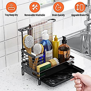 Truoctdu Sponge Holder for Kitchen Sink, Multifunctional Sink Caddy Sponge Dish Brush Scissor Bottles Dishcloth Storage,No Drilling Sponge Holder Kitchen Organizer with Removable Drain Pan-Black