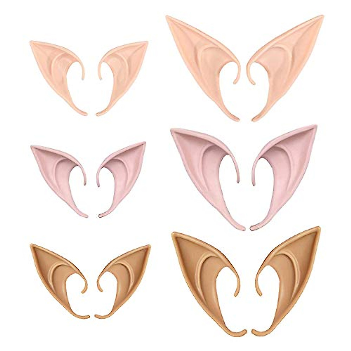 6 Pairs Fairy Pixie Elf Ears,Latex Fairy Pixie Elf,Fairy Goblin Vampire Elven Ears for Cosplay Halloween Christmas Any Themed Party (2 Sizes,3 Colors)