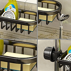 FWEHIO Faucet Sponge Holder with Hook Soap Dishcloth Hanger Brush Sink Caddy Drain Rack Space Aluminum Soap Sponge Brush Scrubber Sink Caddy Organizer (Double, Black)