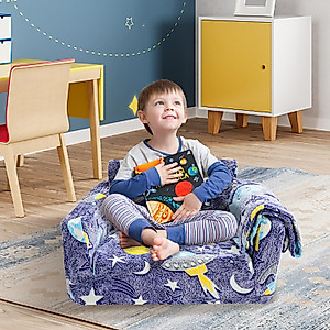 Kirumie Kids Couch Glow in The Dark, Toddler Couches That Fold Out, 2-in-1 Convertible Sofa to Lounger, Soft Kids Sofa with Blanket, Toddler Chair Comfy Sofa for Baby Boys Girls, Space & Blue
