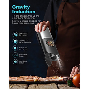 Ultrean Gravity Electric Salt and Pepper Grinder Set - USB Rechargeable With Dual Charging Base - Adjustable Fineness - One Handed Operation, Stainless Steel Construction, Auto Dust Lids, LED Light
