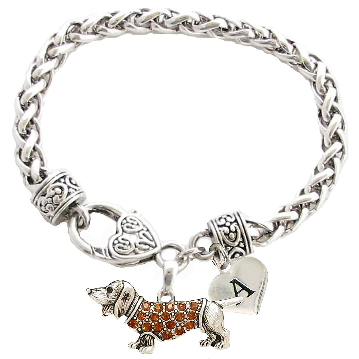 Holly Road Custom Dachshund Weenie Dog Silver Bracelet Jewelry Choose Initial Charms 26 letters