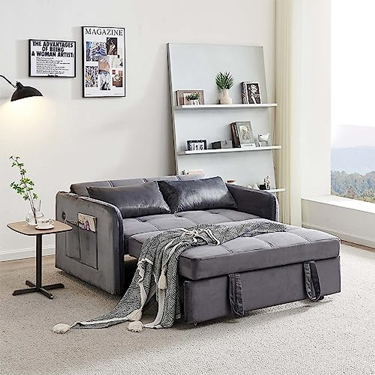 Antetek 3-in-1 Sleeper Sofa Bed w/USB Port, Modern Convertible Tufted Velvet Upholstered Pull Out Futon Couch, 55.5" W Small Loveseat Sofa for Office Living Room Small Space, Grey