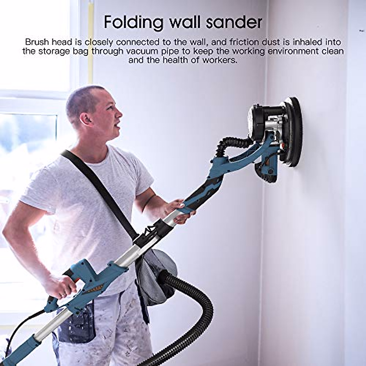 Drywall Sander Handife 7A 800W Electric Foldable Wall Sander, Double-Deck LED Lights Sander, 800-1800RPM Electric Drywall Sander w/Dust-Free Automatic Vacuum System and 12 pcs Sanding Discs (Blue)