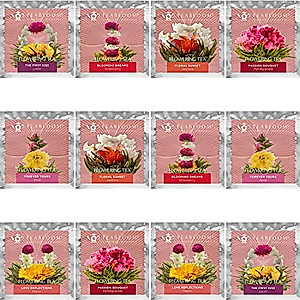 Teabloom Heart-Shaped Flowering Teas – 12 Assorted Blooming Tea Flowers – Green Tea + Jasmine, Pomegranate, Strawberry, Rose, Litchi & Peach