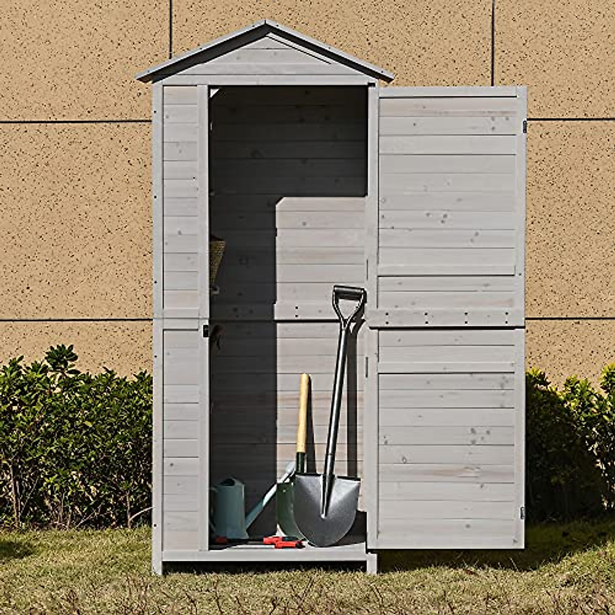 Outsunny 36" x 25" x 79" Wooden Storage Shed Cabinet, Outdoor Tool Shed Organizer with 4-Tier, 3 Shelves with Handle Tin Roof Magnetic Latch Foot Pad, Light Grey