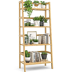 Homykic Ladder Bookshelf, 4-Tier Bamboo Ladder Shelf 49.2” Book Shelf Bookcase Floor Freestanding Bathroom Storage Rack Plant Stand for Small Space, Bedroom, Living Room, Easy to Assemble, Natural