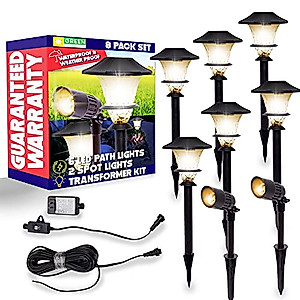 GreenLighting Low Voltage Landscape Lights, (8 Pack- 6 Stake Lights, 2 Flood Spotlights, & Transformer) LED, Landscaping Lighting, Yard Lights, Pathway, Outdoor Walkways & Path, Garden, Deck, Black