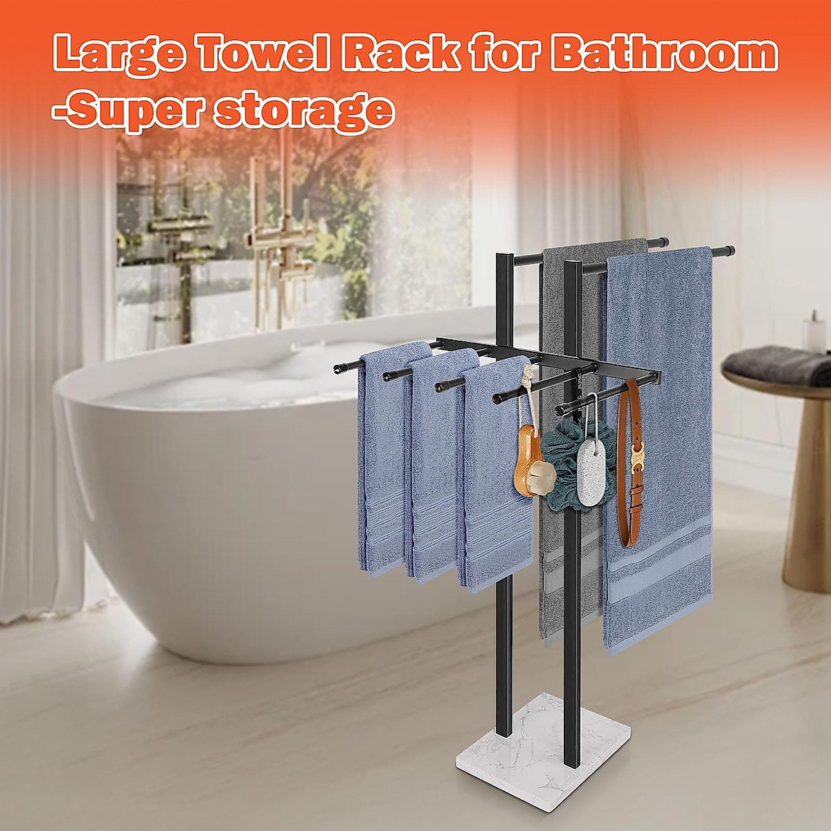 HarJue Towel Rack for Bathroom, 34” H Towel Holder Stand with 7 Bar, Bath Towel Sheet Holder with Marble Base, Standing Towel Rack for Home Pool Outdoor Floor, Store Family Member Towel (Black)